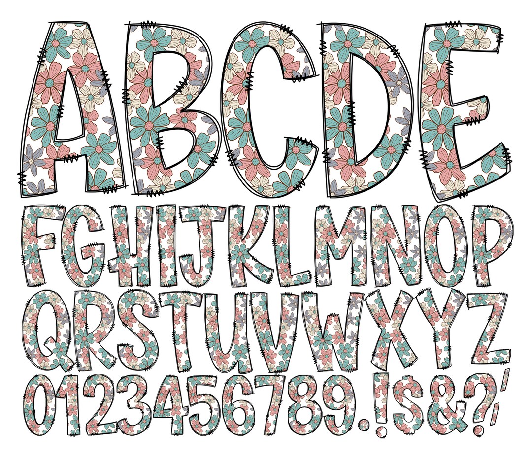 Retro Flower Doodle Letters, Transparent Background, Individually Saved ...