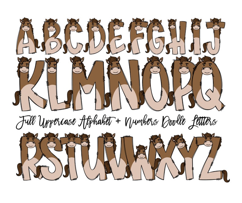 Horse Doodle Letters, Farm Alphabet, Animal Alphabet PNG, Entire Doodle ...