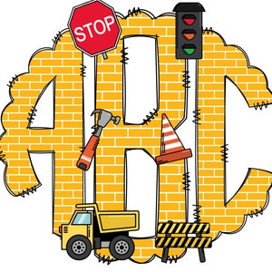 Construction Monogram Letters, Boys Truck Sublimation PNG Doodle Alpha ...