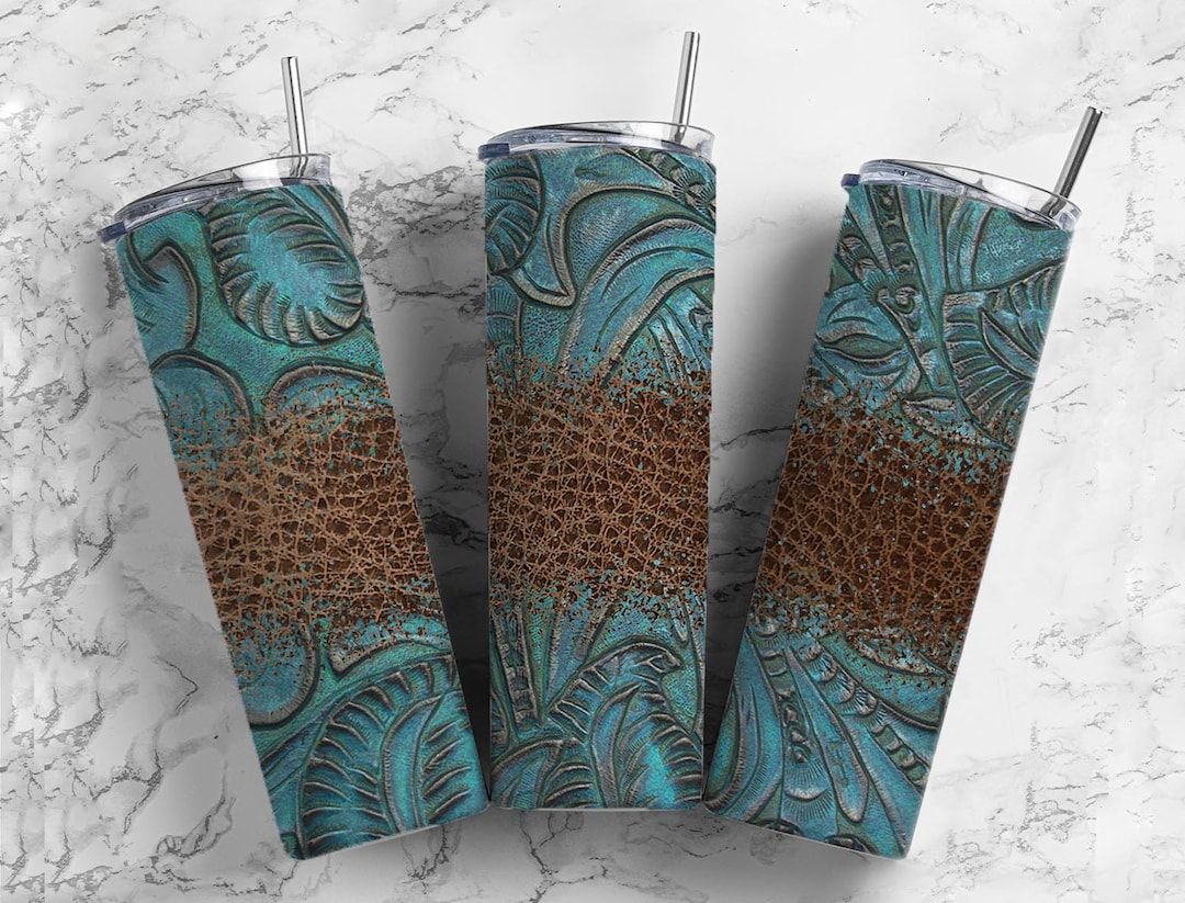 Tooled Leather 20oz Sublimation Tumbler Designs, Brown Teal Leather 9.2 ...