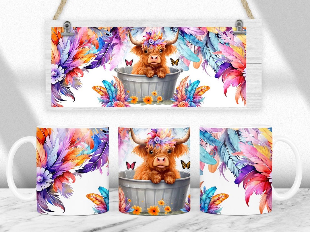 Colored Feather Highland Cow 11oz and 15oz Sublimation Mug - Etsy Australia