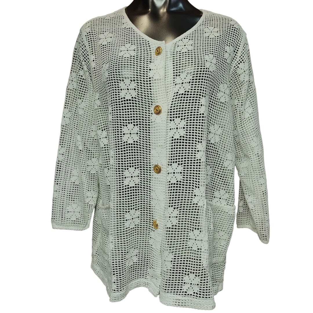 Dotti Women's White Lace Snowflake Pattern Long Sleeve Button Front ...