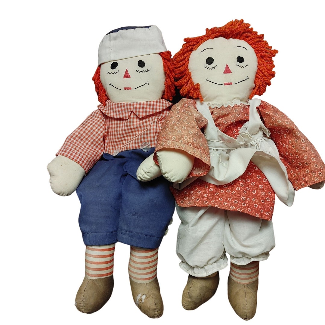 Vintage Handmade Raggedy Ann & Andy Pair of Dolls Red/plaid Wool Hair ...