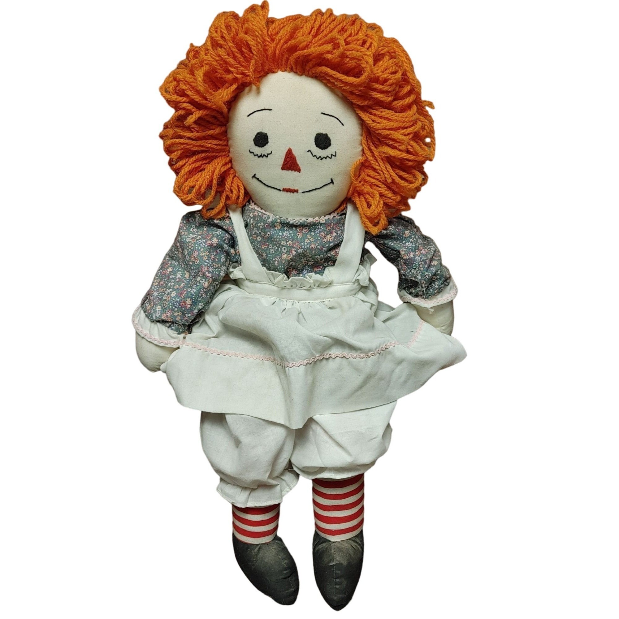Vintage Handmade Raggedy Ann Doll Floral Dress/white Apron Orange Wool ...