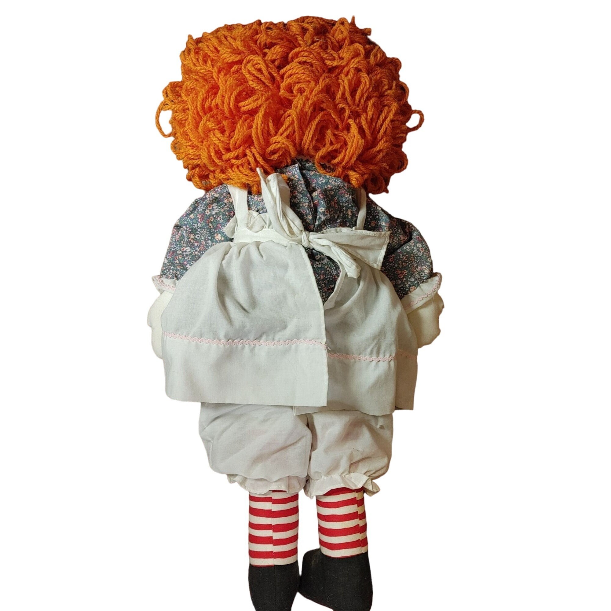 Vintage Handmade Raggedy Ann Doll Floral Dress/white Apron Orange Wool ...