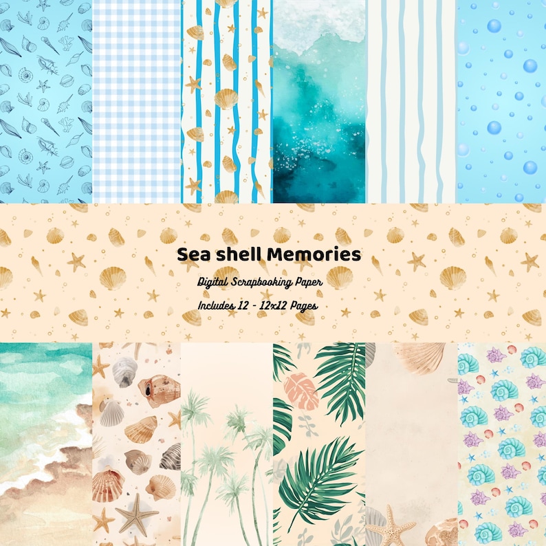 Beach Digital Paper Pack – Summer Coastal Scrapbook Backgrounds | 12x12 ...