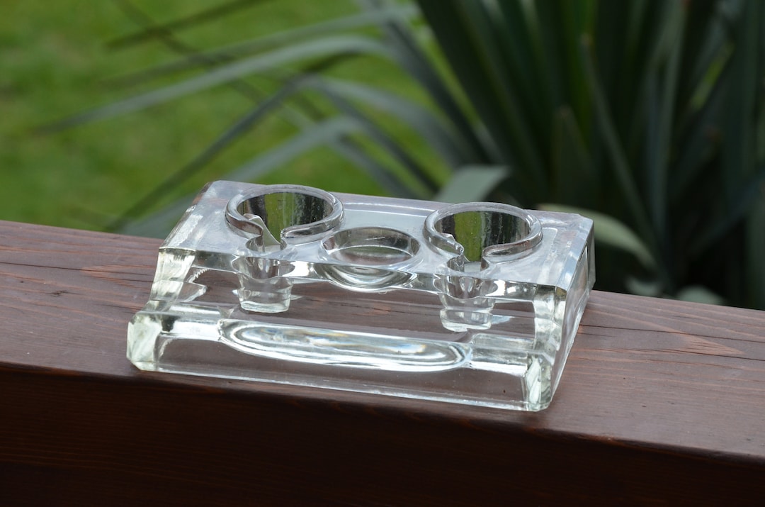Vintage Double Clear Glass Inkwell - Old Double Glass Inkwell - Thick ...