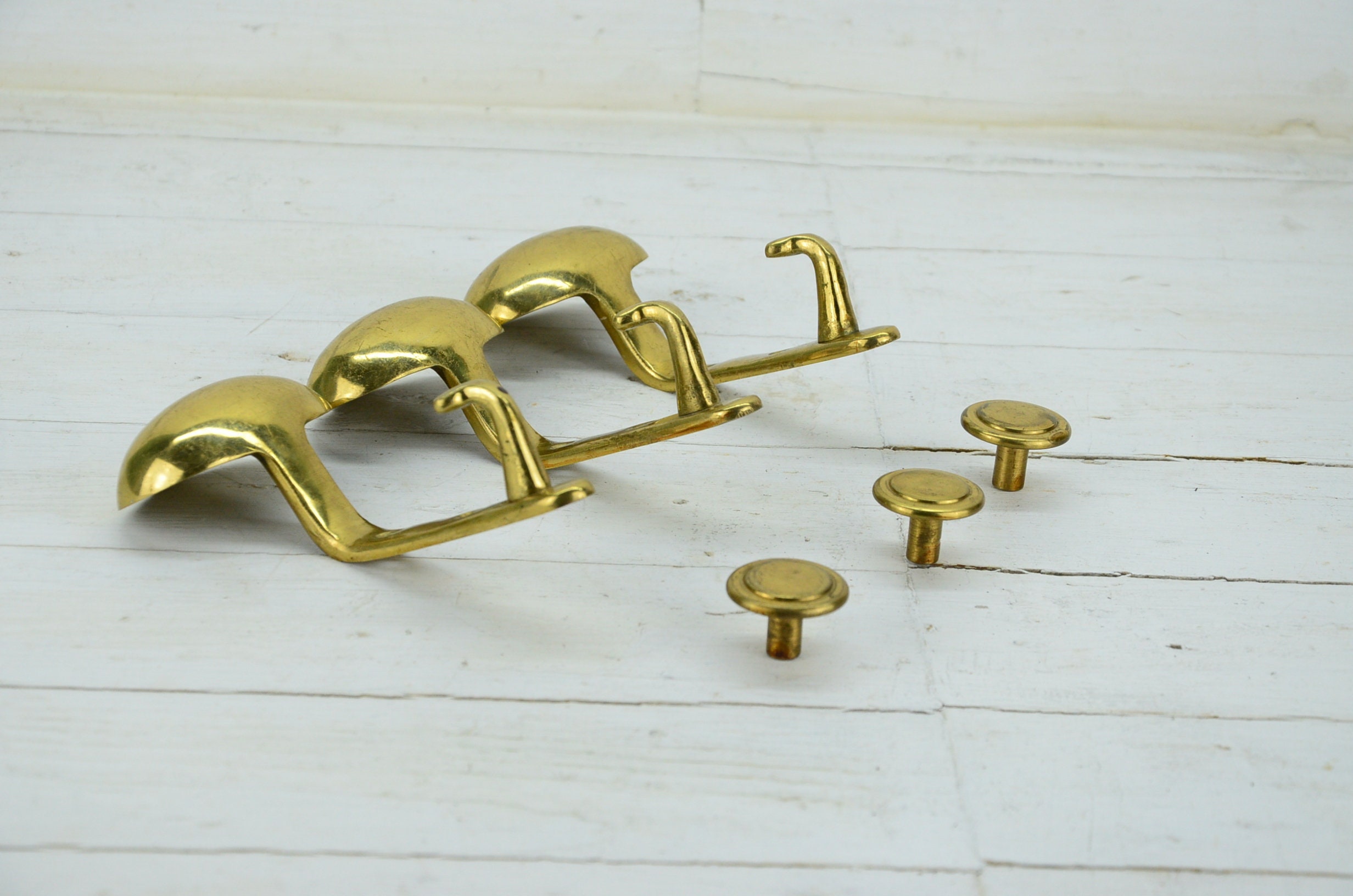 Wall Brass Hangers - Set of 3x3 Brass Hangers - Wall Retro Hooks - Old ...