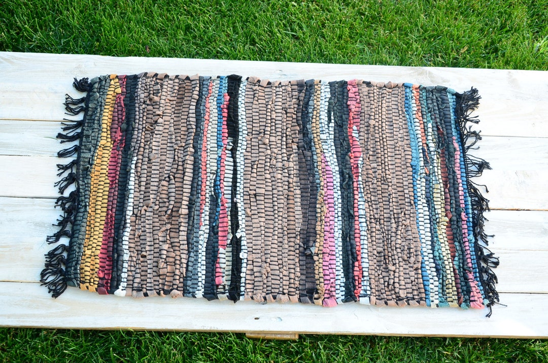 Hand Waven Leather Rag Rug - Vintage Leather Rag Rug - Handwoven Scrap ...