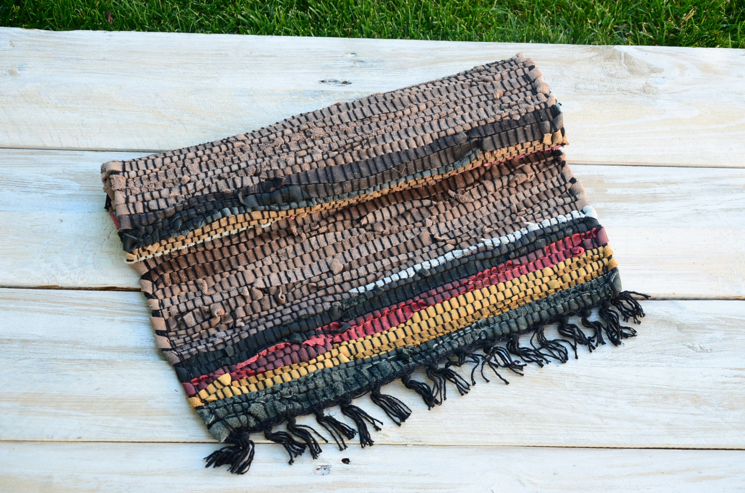 Hand Waven Leather Rag Rug Vintage Leather Rag Rug - Etsy