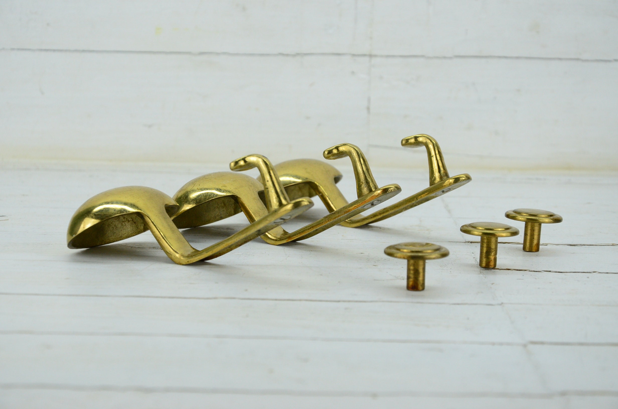 Wall Brass Hangers - Set of 3x3 Brass Hangers - Wall Retro Hooks - Old ...