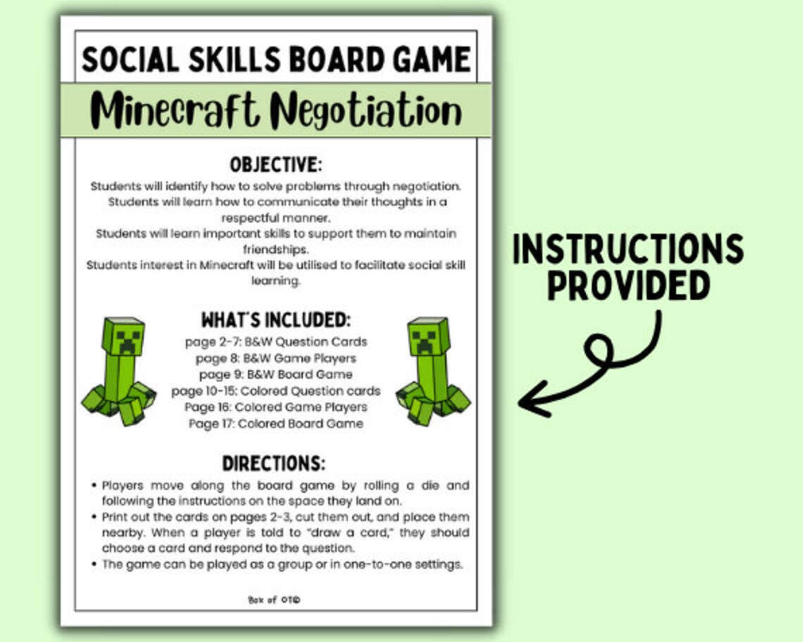 Negotiation Board Game MINECRAFT Theme: Social Skills & Problem Solving ...