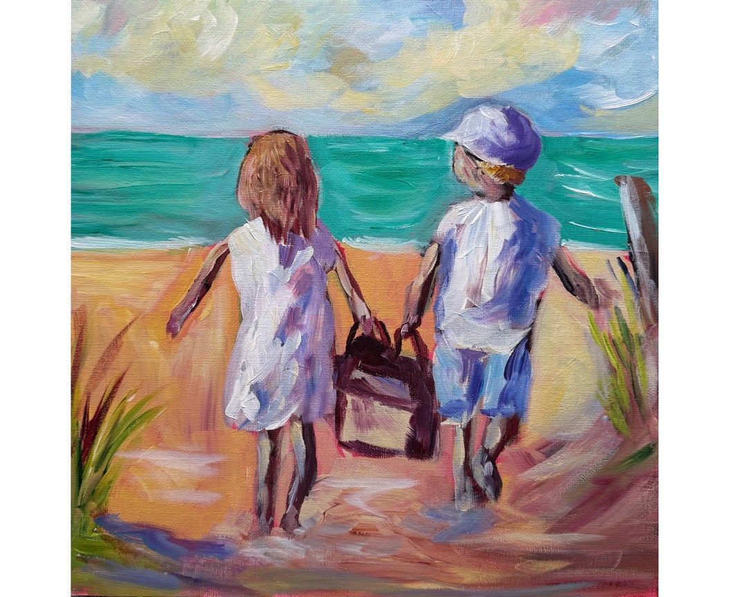 Original Painting of Kids on the Beach Acrylic Expressionist Take on a ...