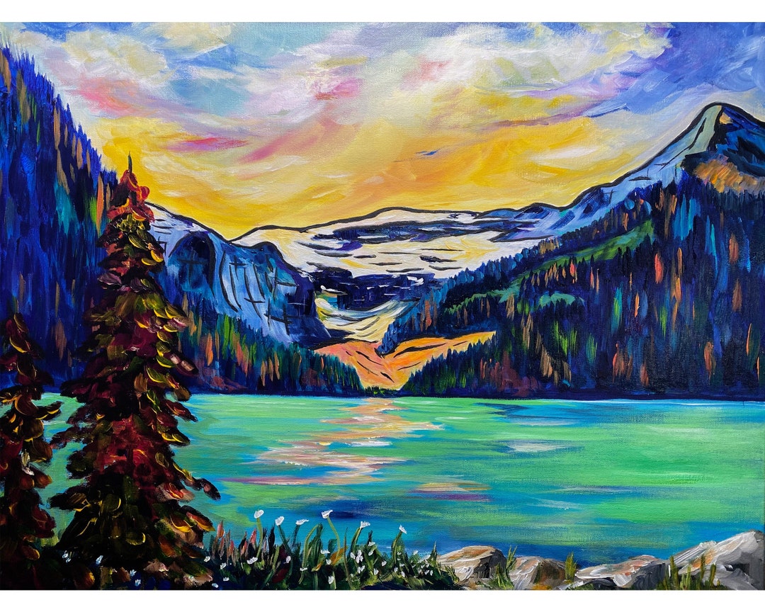 Original Lake Louise Painting: Colorful Mountain View Acrylic Canvas ...