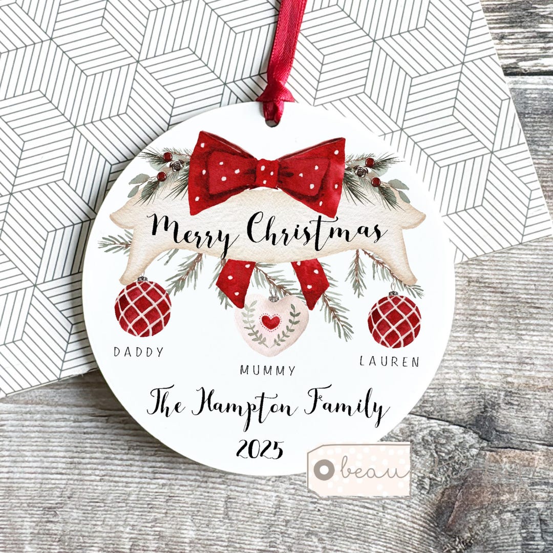 Personalised Family Christmas Gift Baubles Greenery Design Acrylic or ...