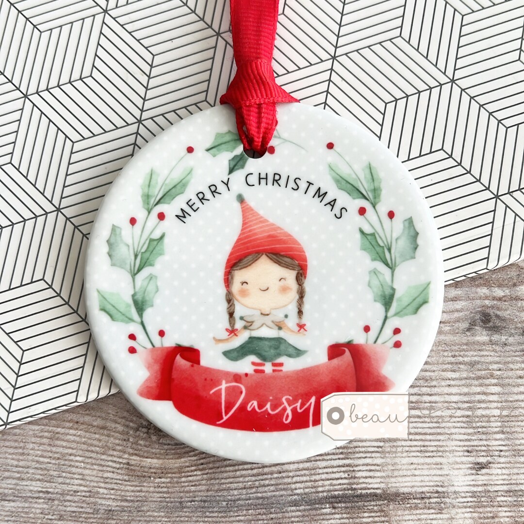 Personalised Merry Christmas Boy Girl Holly Elf Pixie Design Acrylic or ...