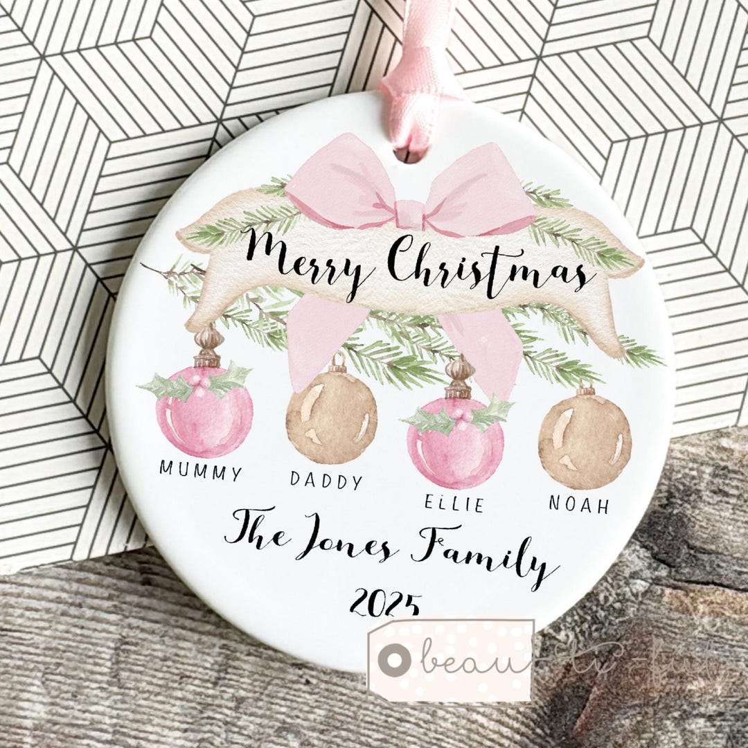 Personalised Family Christmas Gift Baubles Greenery Design Acrylic or ...