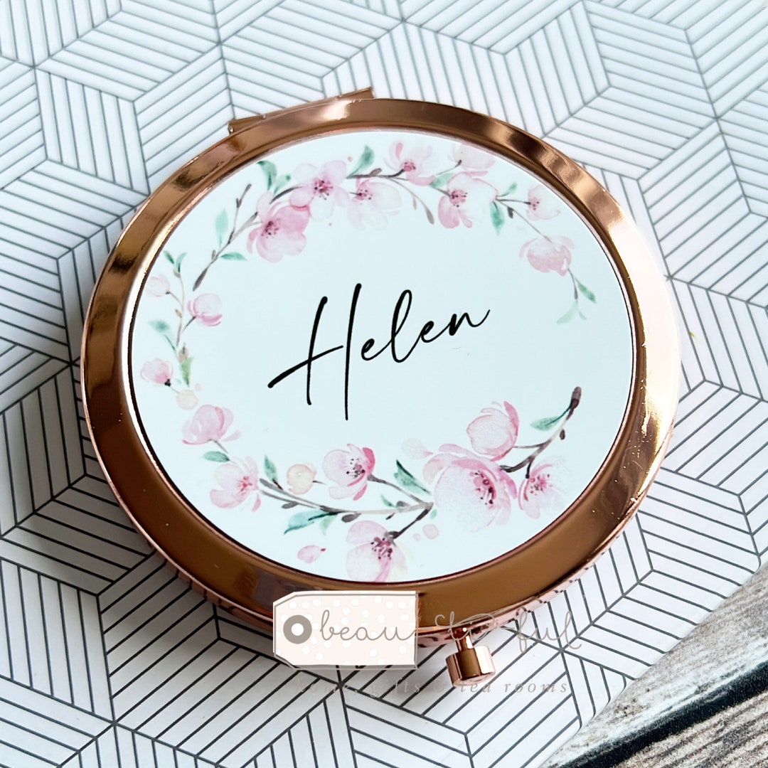 Personalised Gift Pink Floral Greenery Round Rose Gold Silver Compact Pocket Mirror Keepsake ...