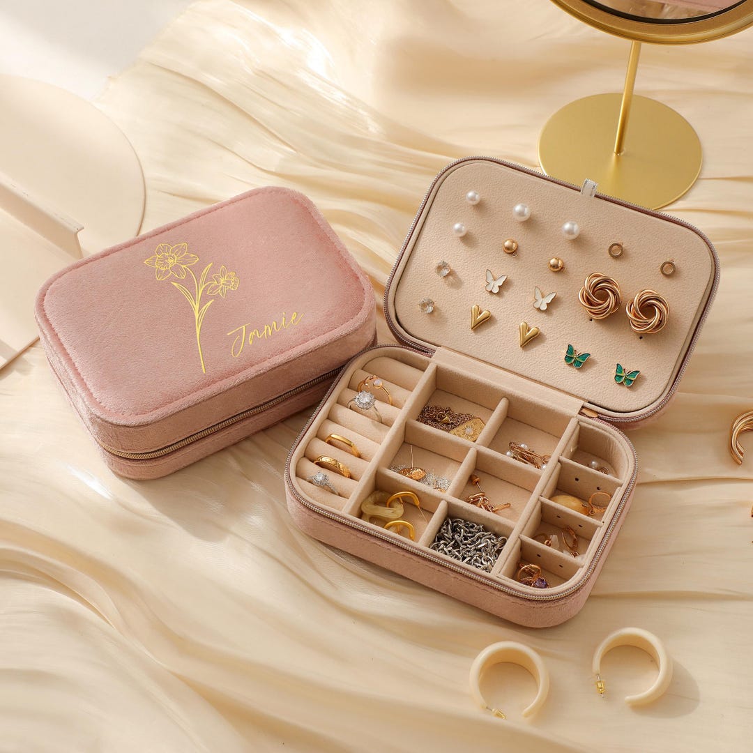 Personalized Velvet Jewelry Box Jewelry Gift : Birth Flower Travel Case ...