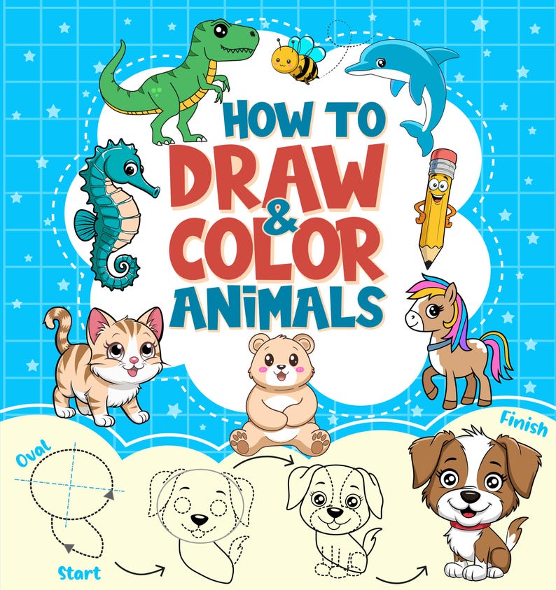 How to Draw and Color Animals for Kids, Digital Drawing, Coloring Book ...