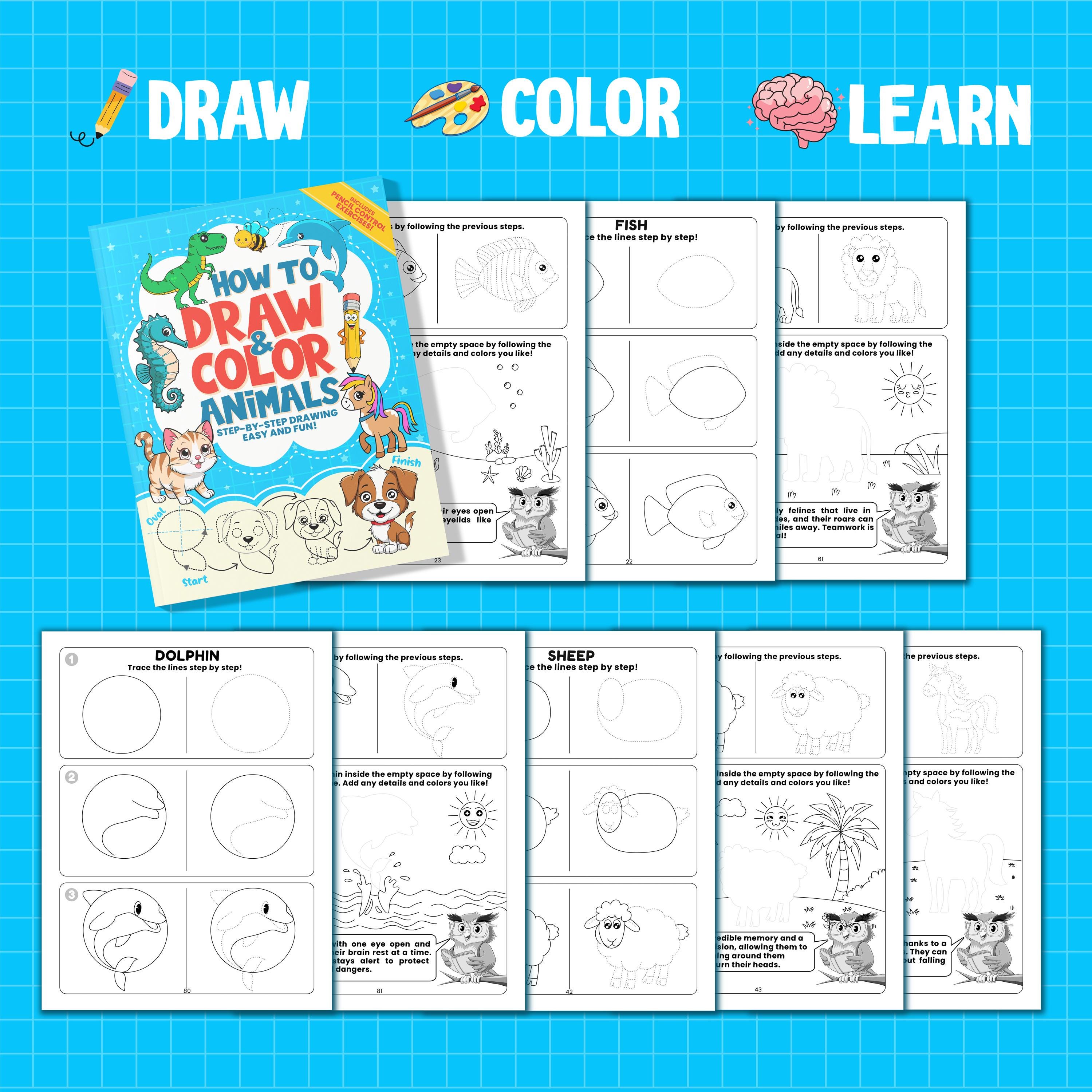 How to Draw and Color Animals for Kids, Digital Drawing, Coloring Book ...