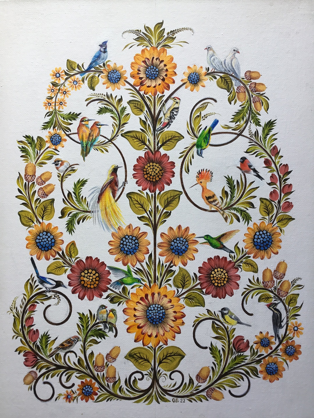 Garden. Hand Painted Traditional Ukrainian Petrykivka.11>