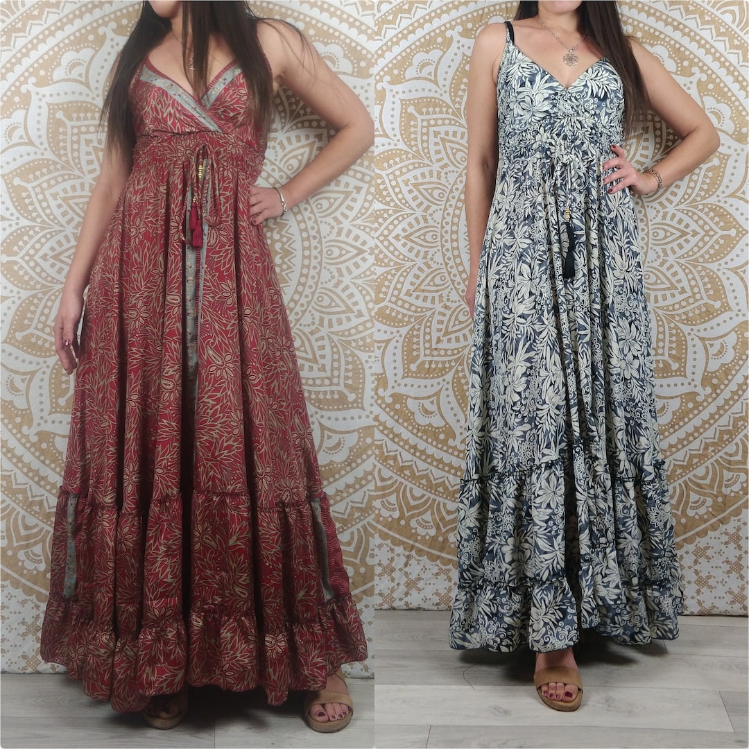 Sareya Women's Long Dress in Indian Silk. Fit and Flare Boho Maxi Dress ...