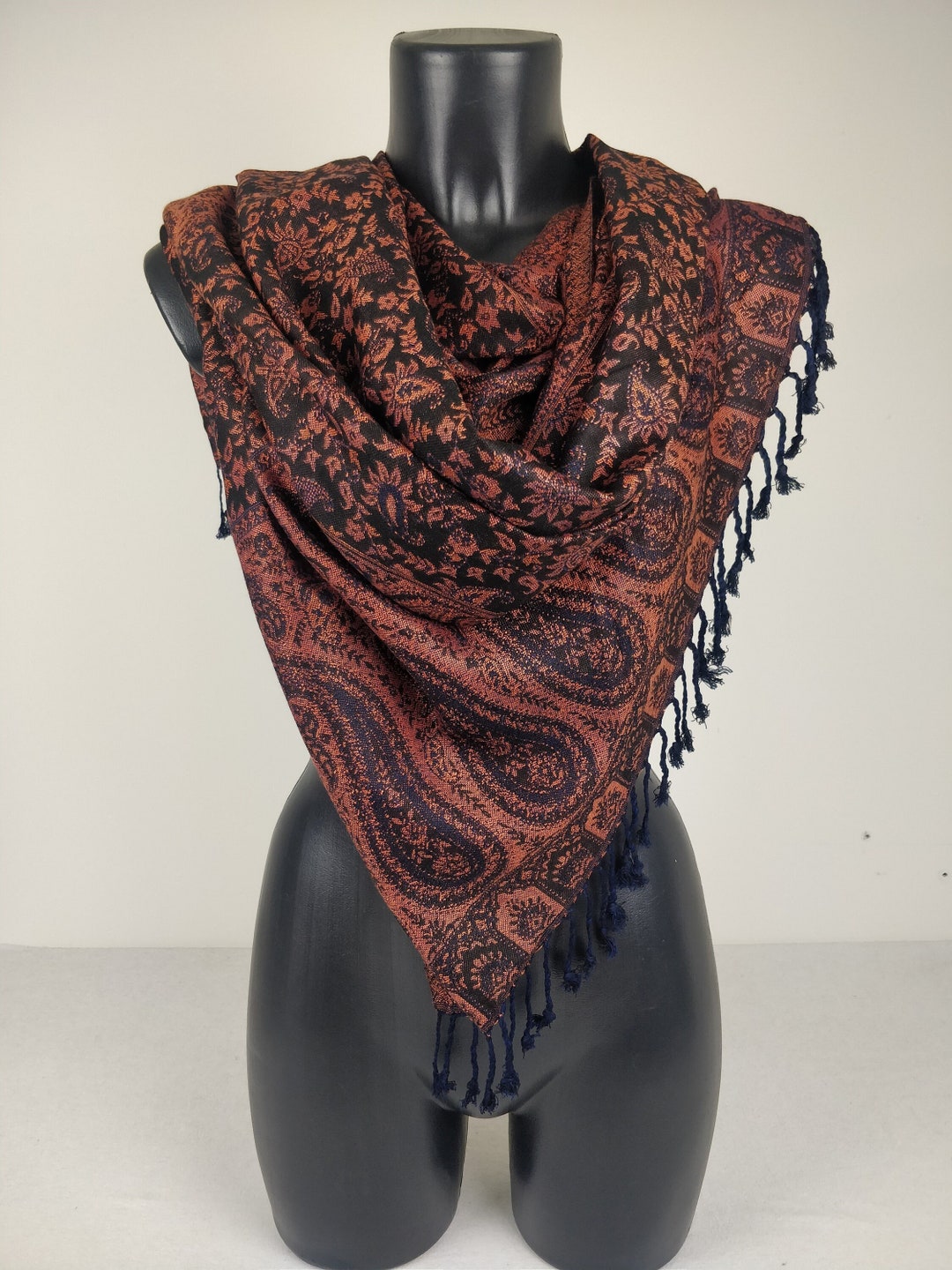 Sankya Reversible Pashmina in Viscose. Brown, Black and Blue Paisley ...