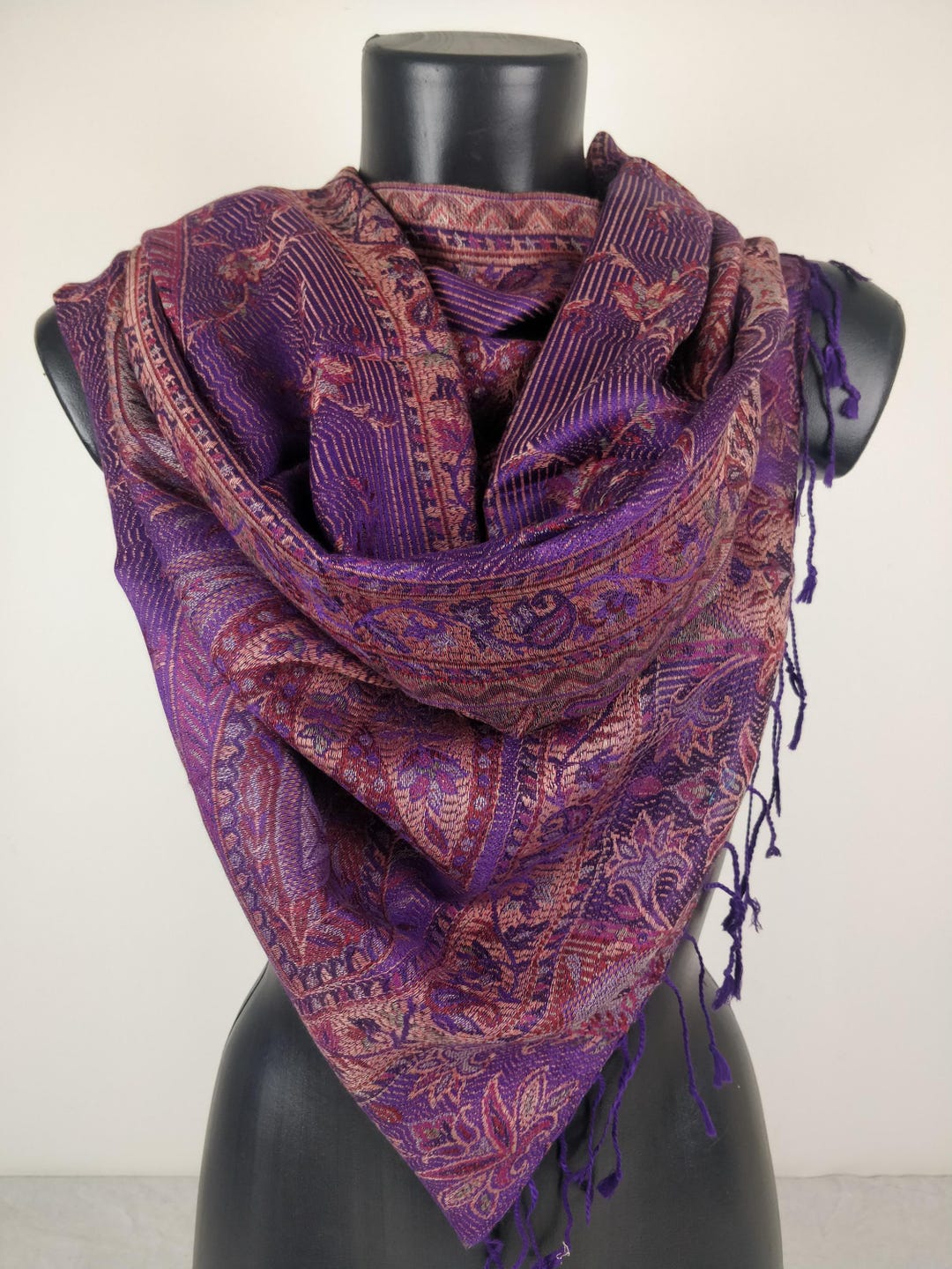 Reversible Mangal Pashmina in Modal/silk. Purple Paisley Pattern ...