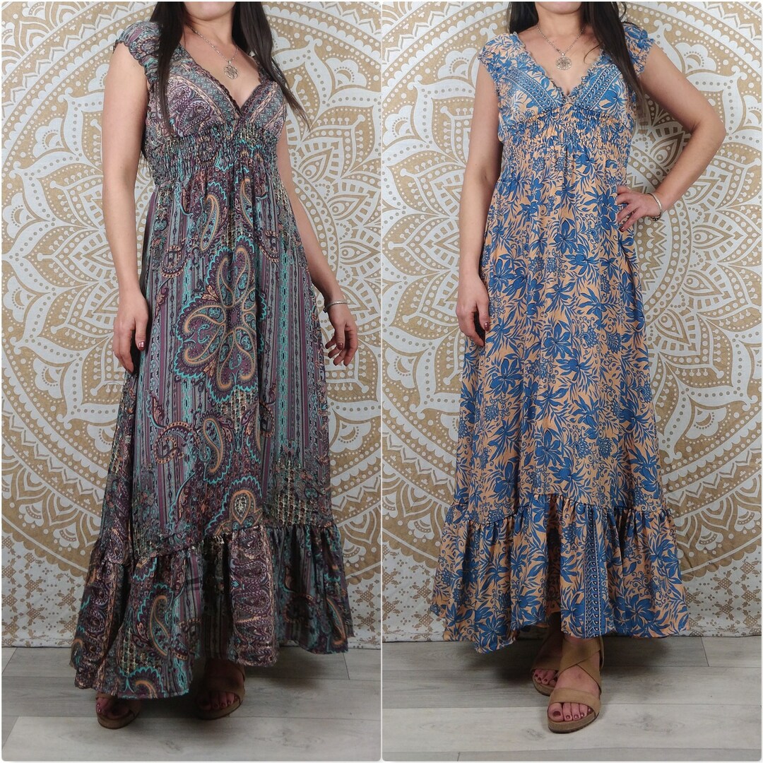 Long Khersa Dress in Indian Silk. Maxi Boho Dress in Indian Silk With ...