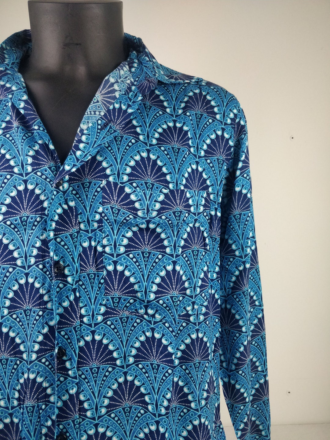 Rama Men's Long-sleeved Shirt. Casual Rayon Shirt. Blue Ethnic Patterns ...