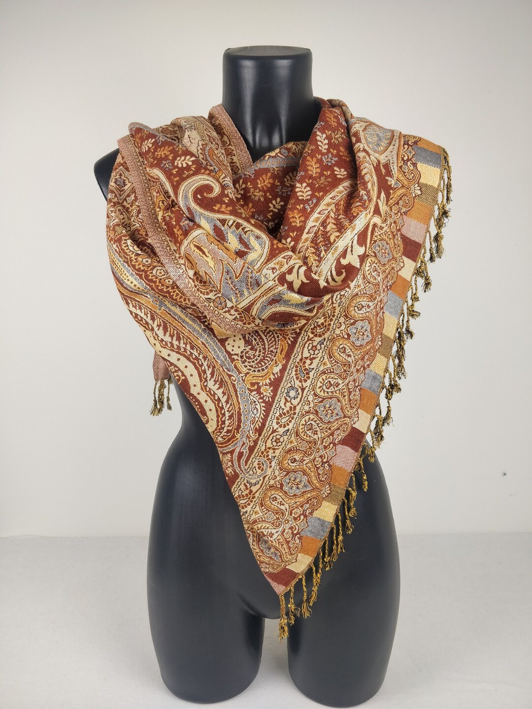 Vintage Hantra Pashmina in Viscose. Reversible Scarf With Rust and ...