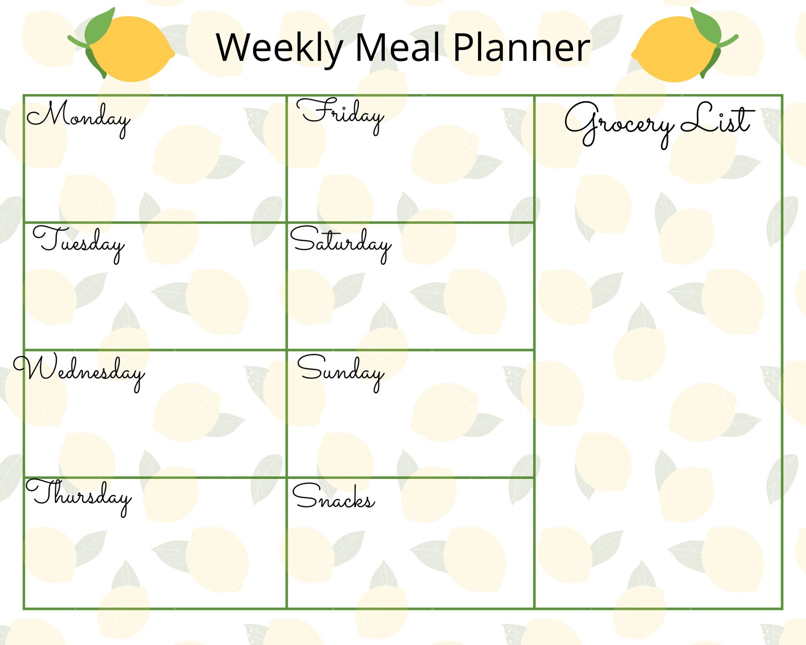 Lemons Meal Planner and Grocery List, Weekly Meal Planner, Printable ...