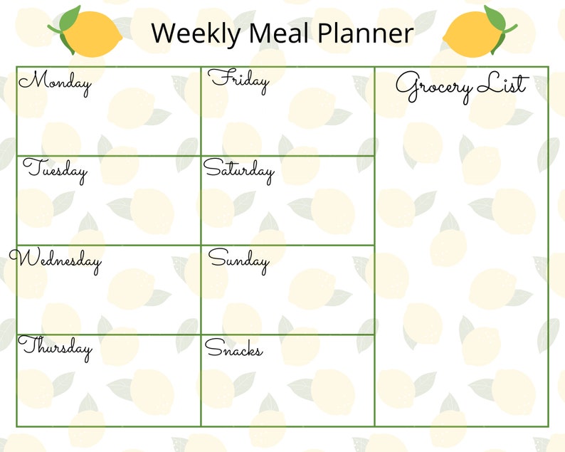 Lemons Meal Planner and Grocery List, Weekly Meal Planner, Printable ...