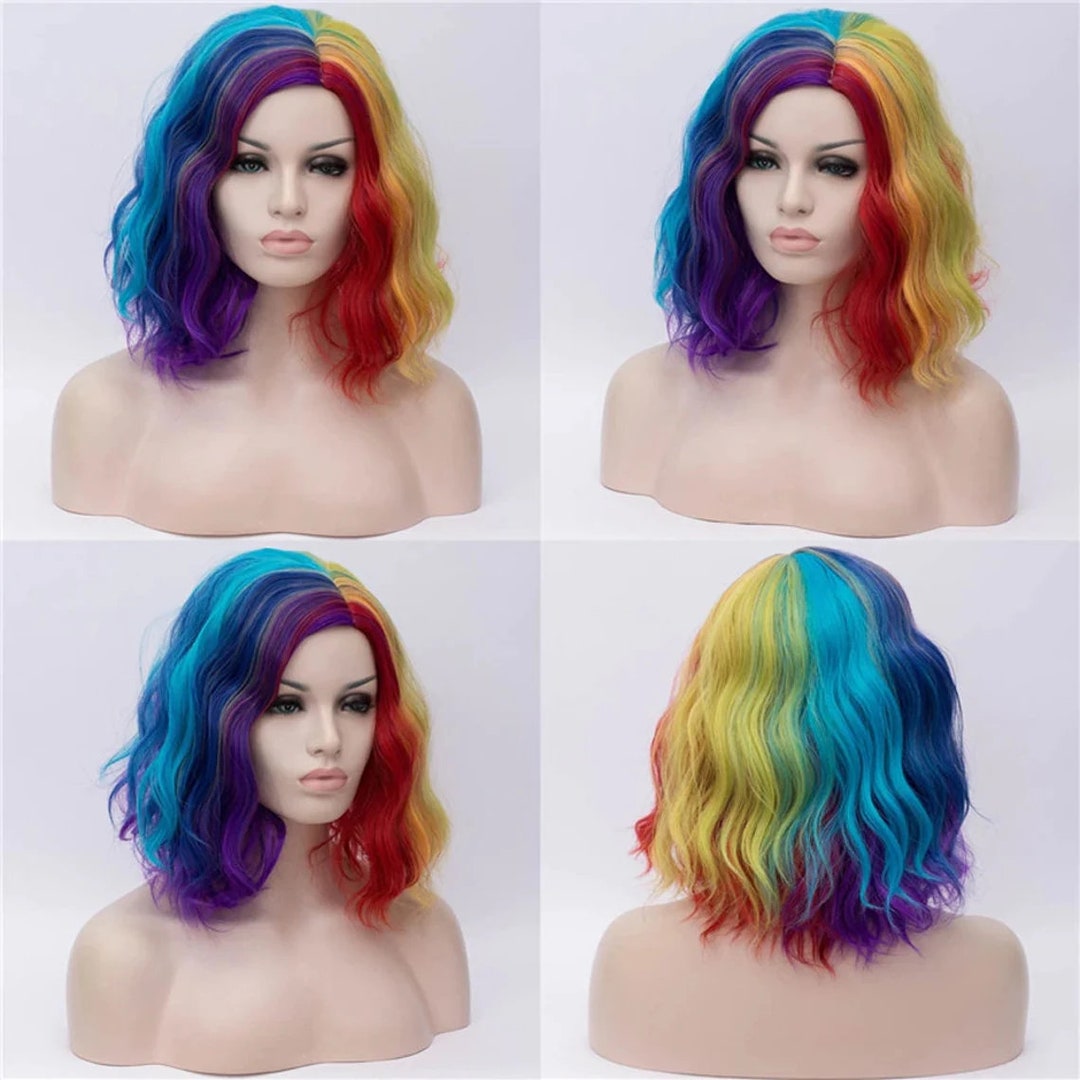 Curly Wig Rainbow Rgb Stitching Wavy Short Synthetic Wigs for - Etsy