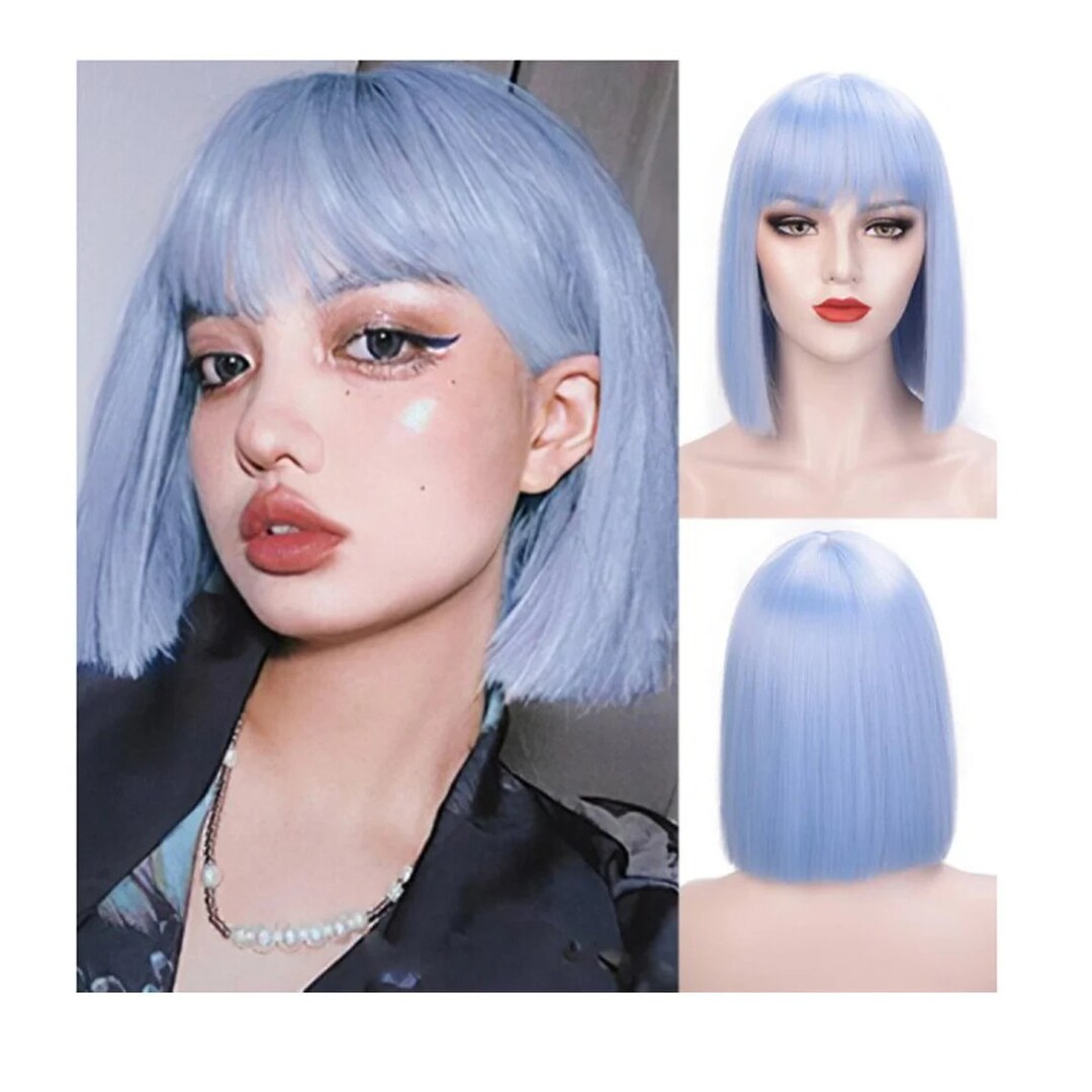 Blue Short Bob Synthetic Wig Straight Hair for Women Party - Etsy