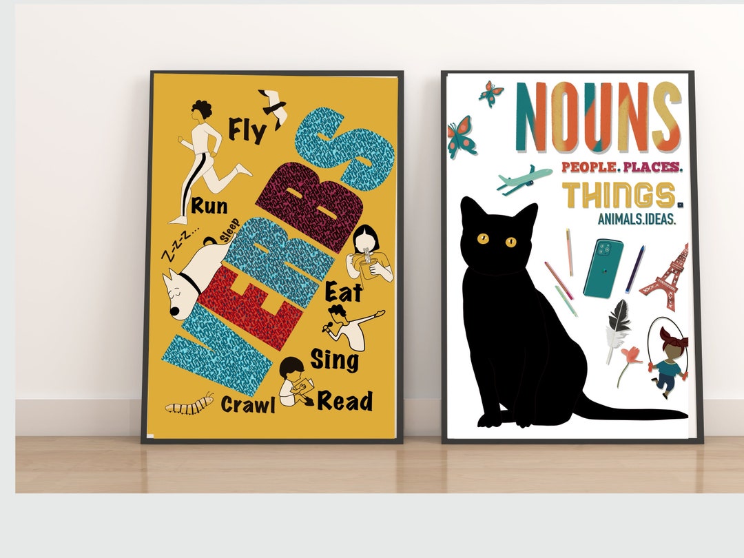 Set of Three Educational Posters Nouns Verbs Adjectives Home School ...