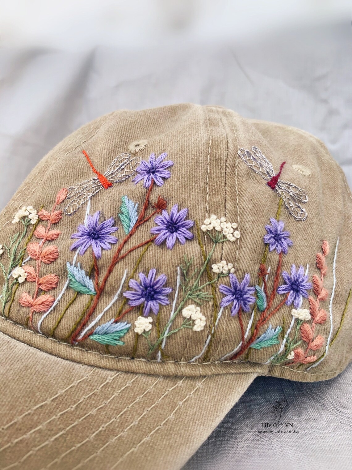 Hand Embroidered Dragonfly Baseball Cap, Floral Buzz Hat - Etsy