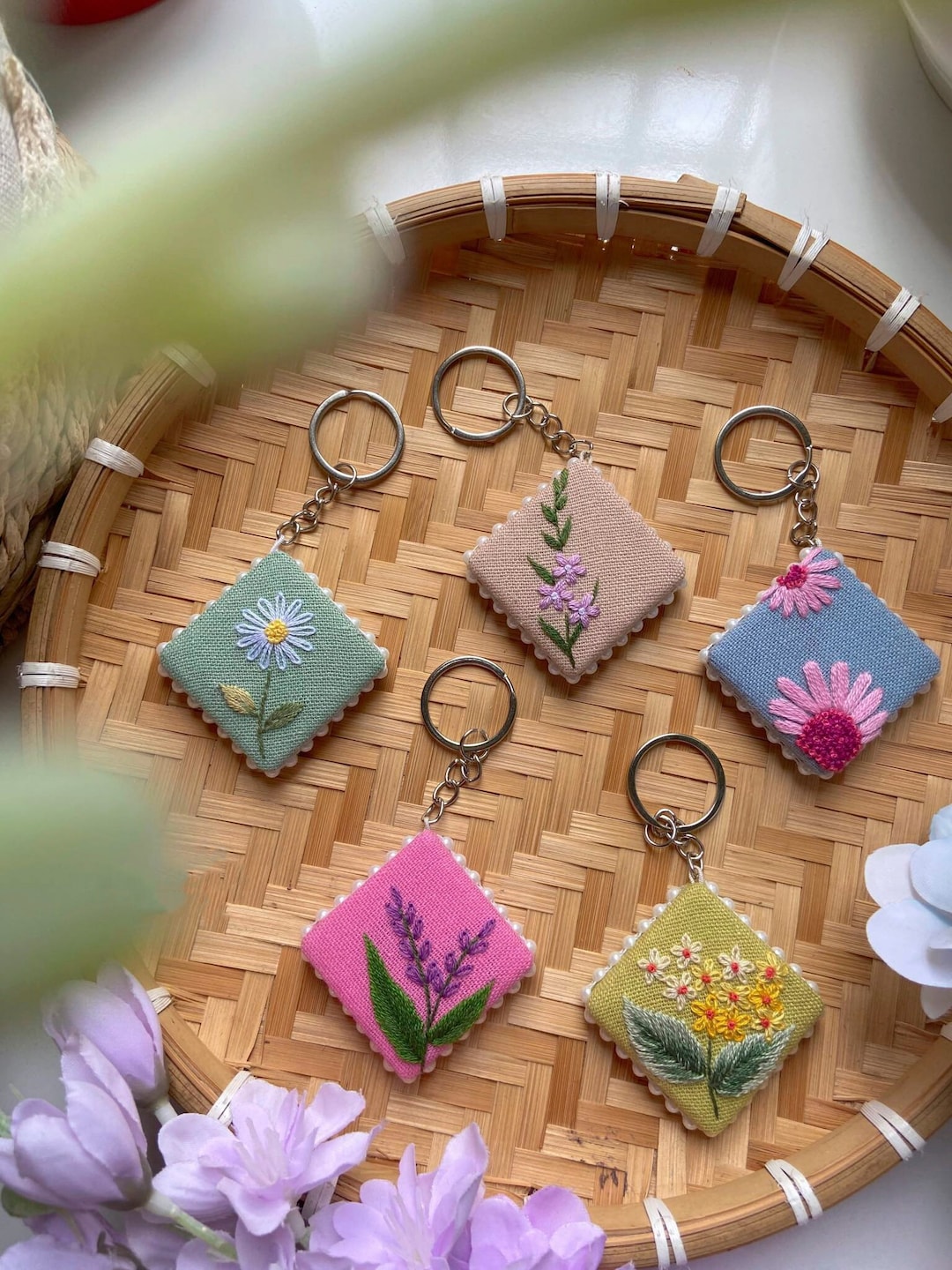 Custom Hand Embroidered Keychain, Flower Embroidered Keychain ...