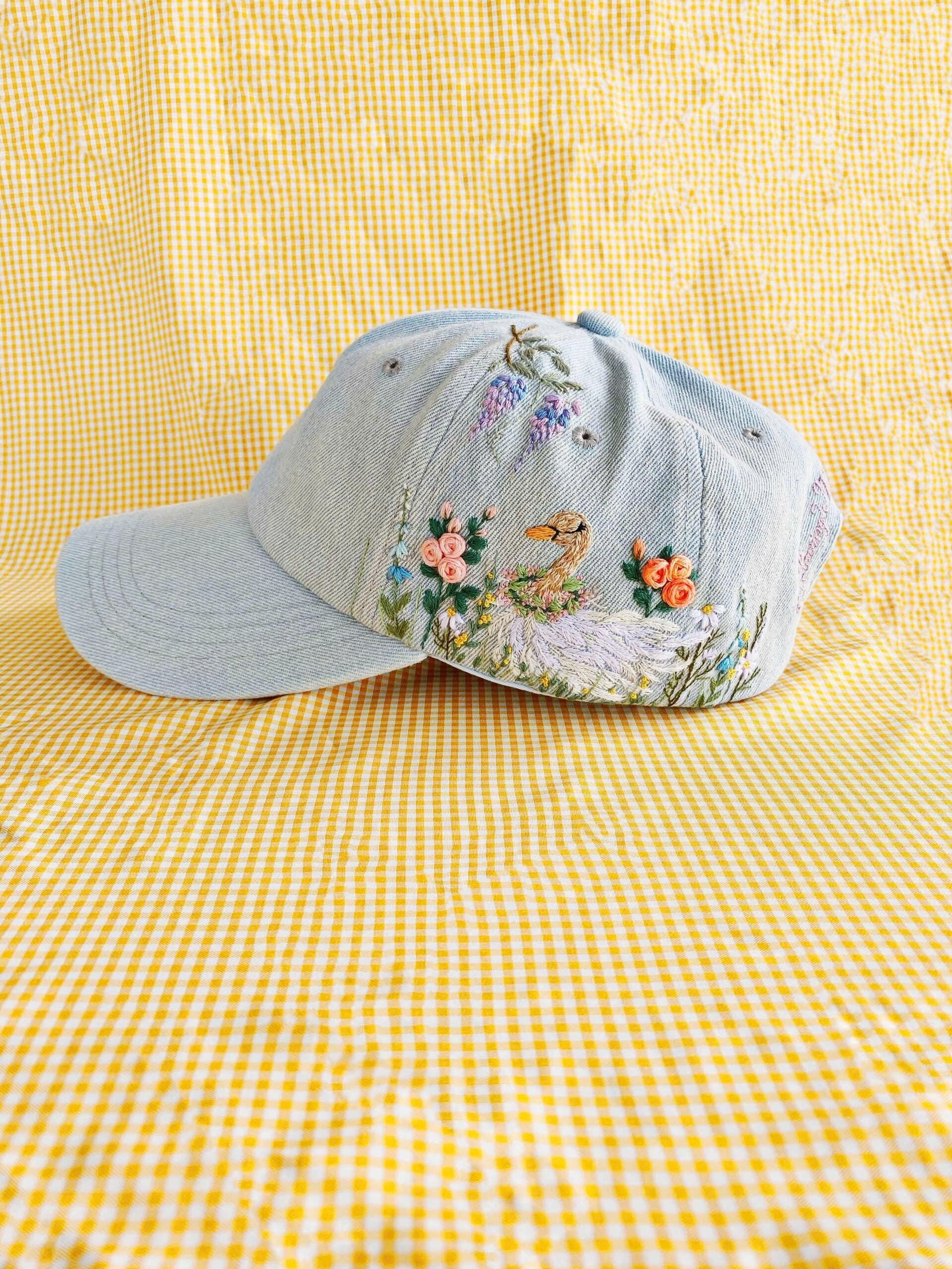 Hand-embroidered Duck Baseball Cap With Flowers, Summer Cap, Custom ...