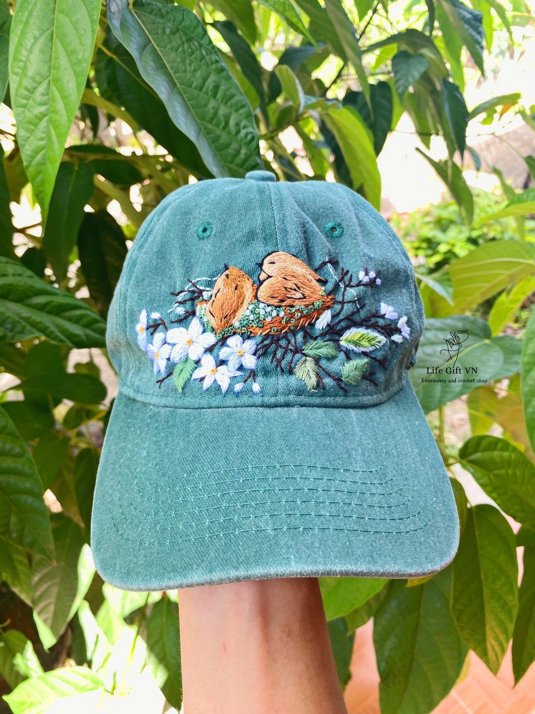Embroidered Floral and Bird Hat, Personalized Baseball Cap, Custom Hand ...