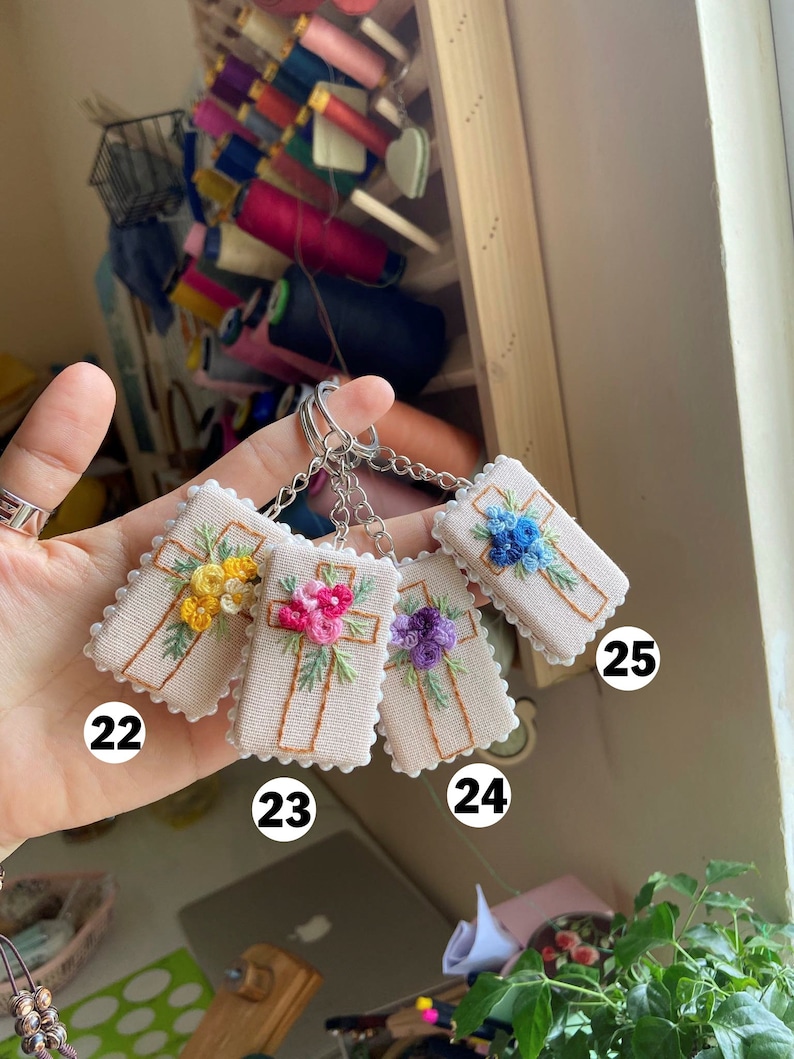 Custom Hand Embroidered Keychain, Flower Embroidered Keychain ...