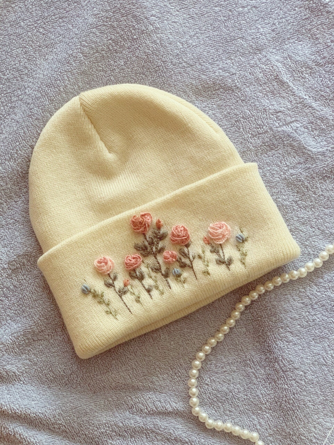 Rose Hand-embroidered Beanie Custom Color Mushroom Beanie - Etsy