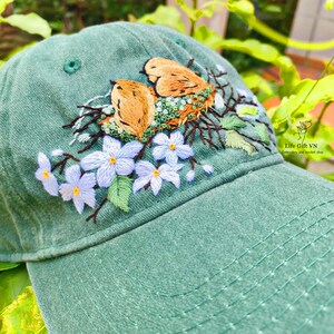 Embroidered Floral and Bird Hat, Personalized Baseball Cap, Custom Hand ...