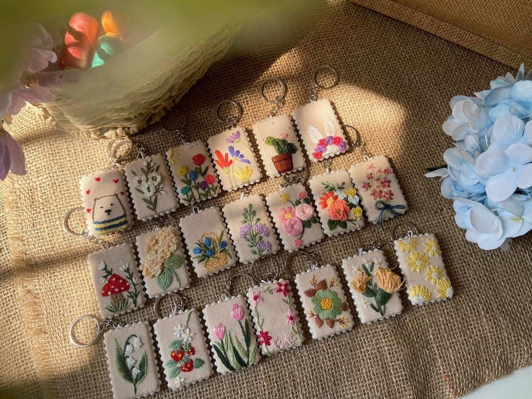 Custom Hand Embroidered Keychain, Flower Embroidered Keychain ...