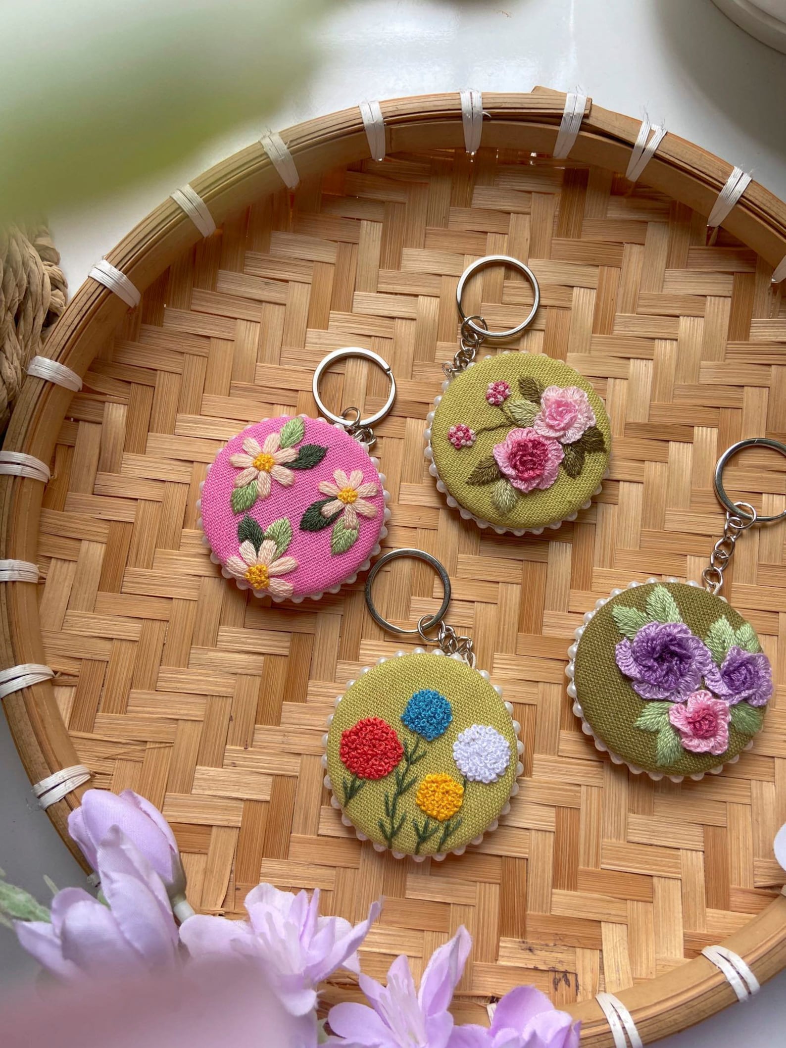 Custom Hand Embroidered Keychain, Flower Embroidered Keychain ...