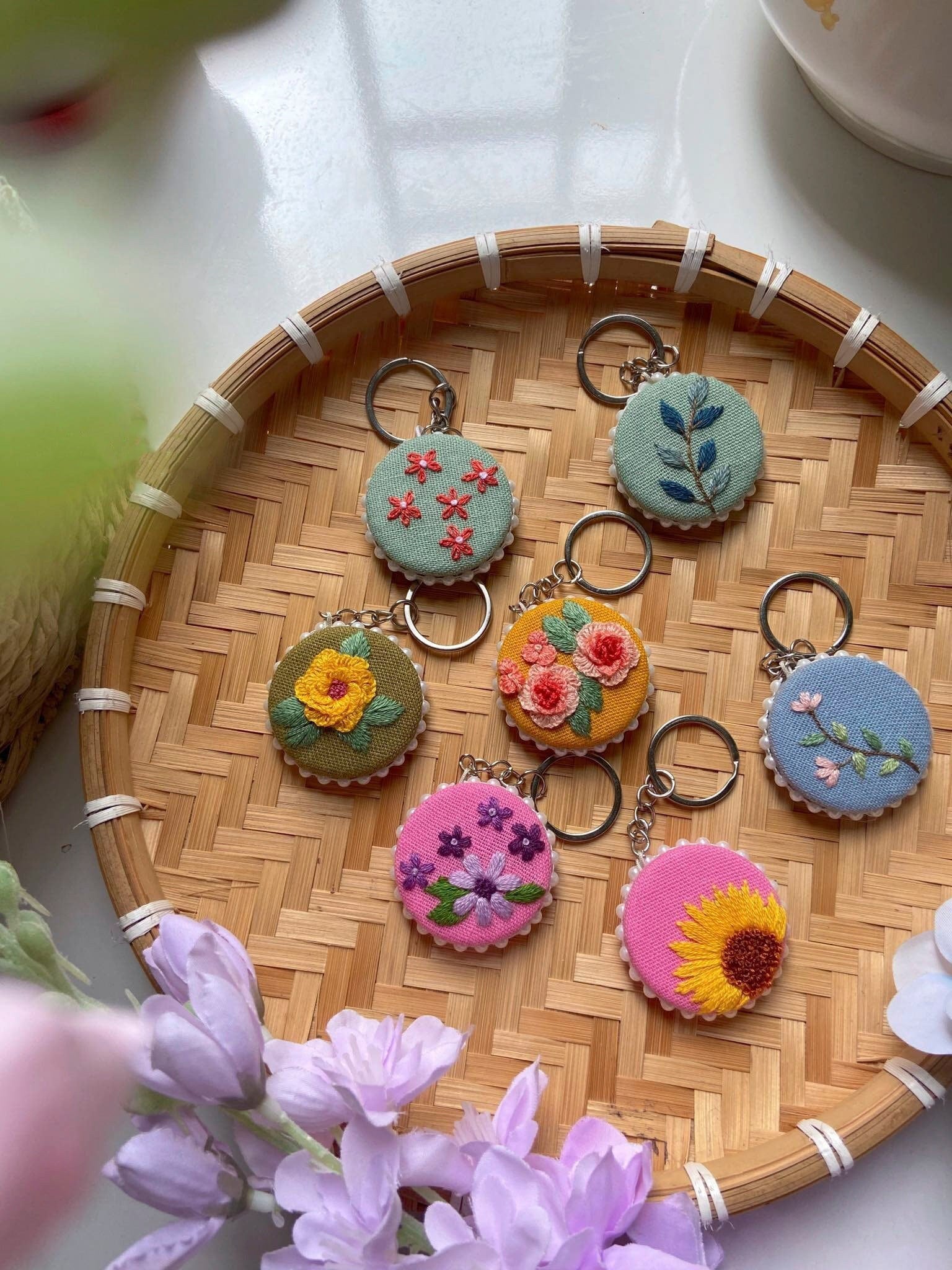 Custom Hand Embroidered Keychain, Flower Embroidered Keychain ...