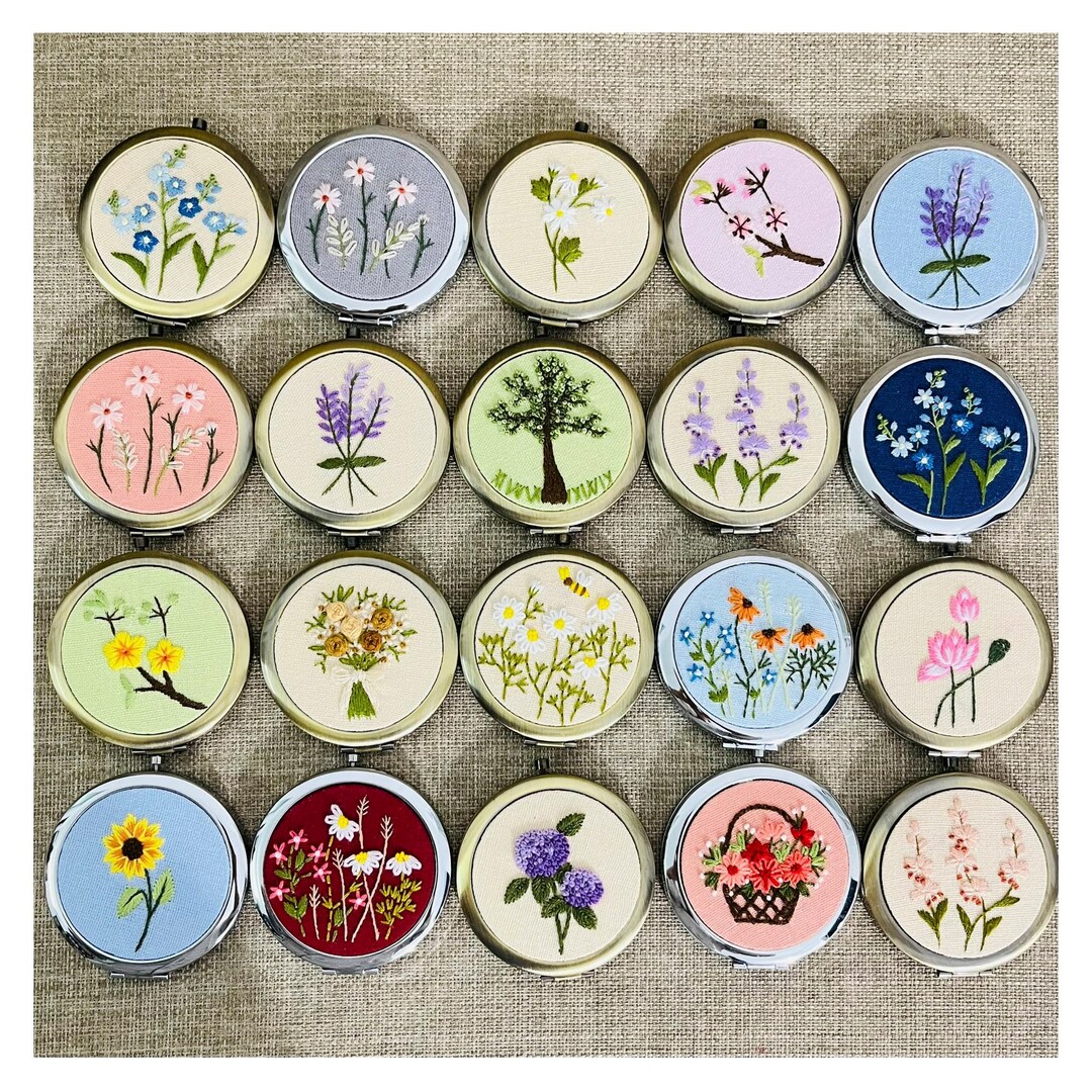 Personalized Floral Embroidered Compact Mirror, Handmade Linen Pocket ...