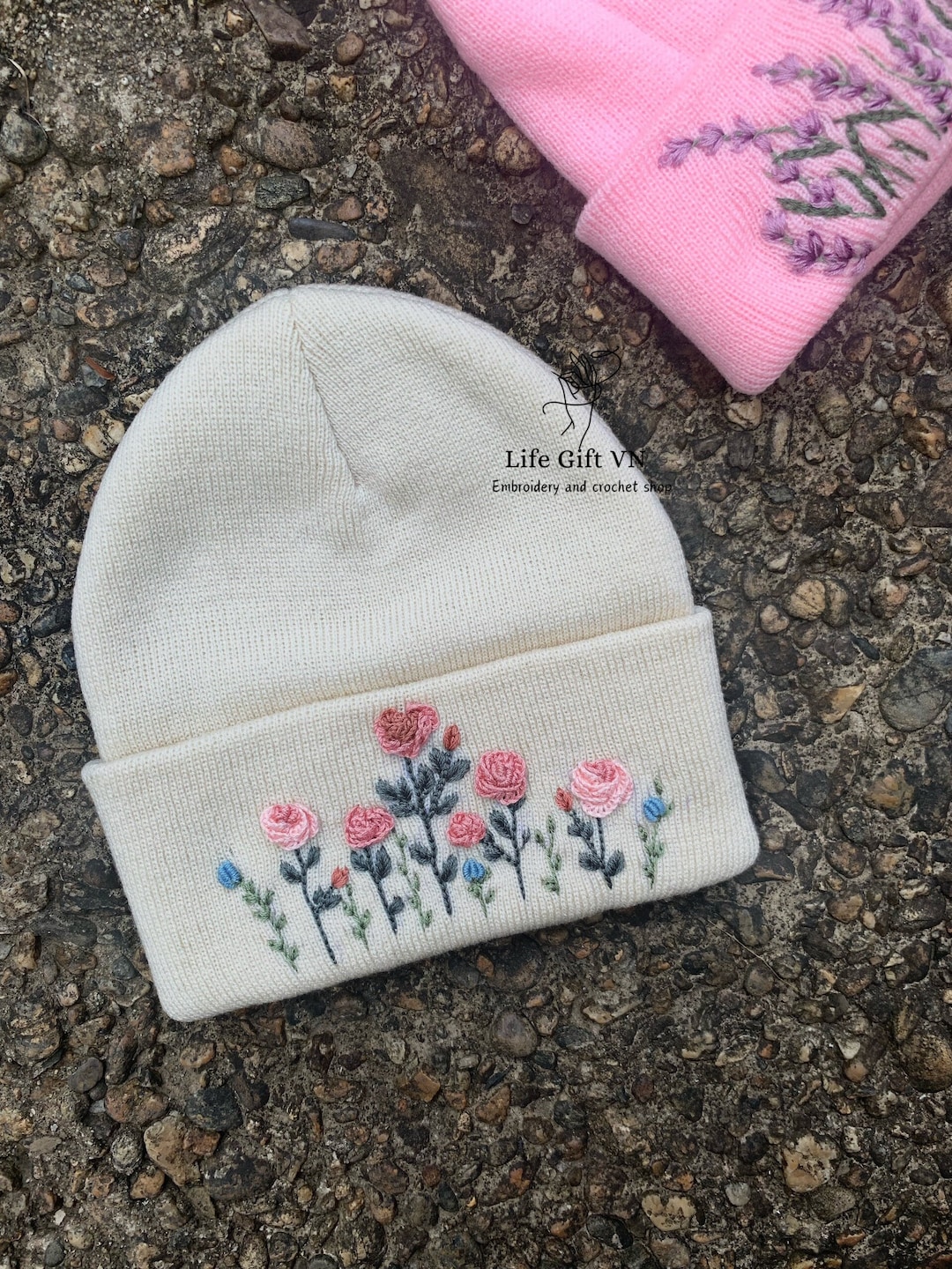Hand-embroidered Rose Beanie – Custom Color Acrylic Wool Winter Hat - Etsy