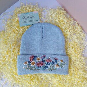 Floral Embroidered Beanie - Custom Color Beanie, Wildflower Beanie ...